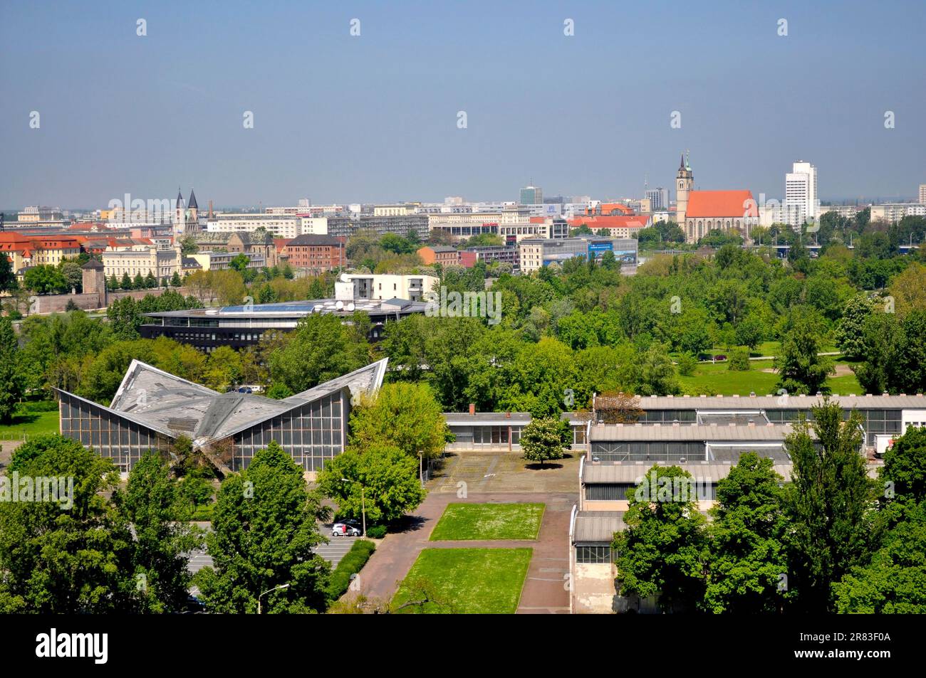 Magdeburg, view from the observation tower at the Elbe river Stock ...