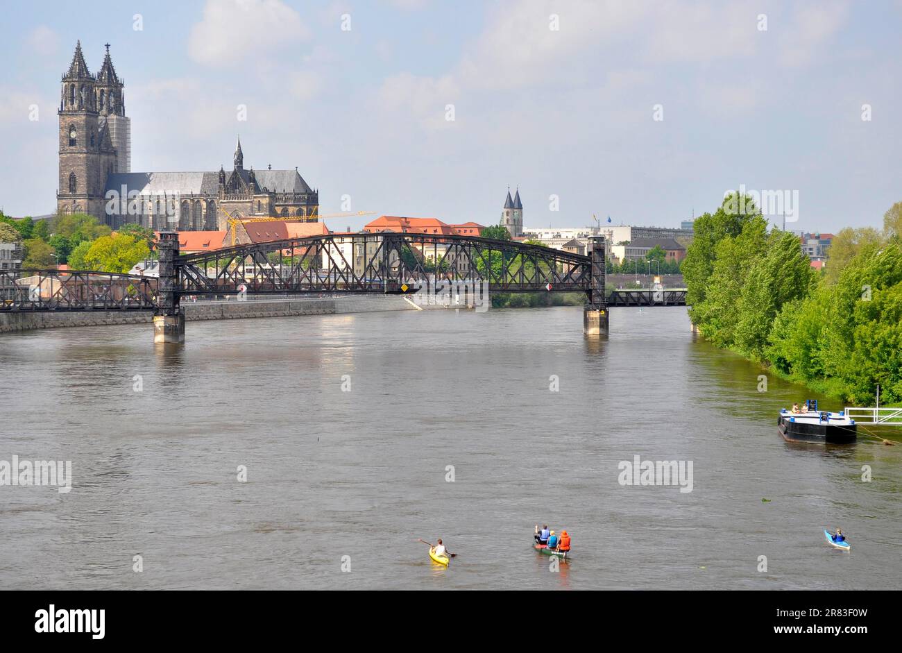 Magdeburg, view from the observation tower, at the river Elbe ...