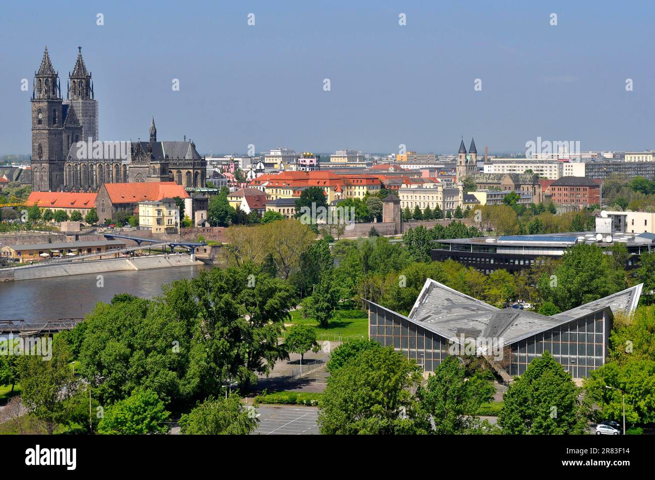 Magdeburg, view from the observation tower, at the river Elbe ...