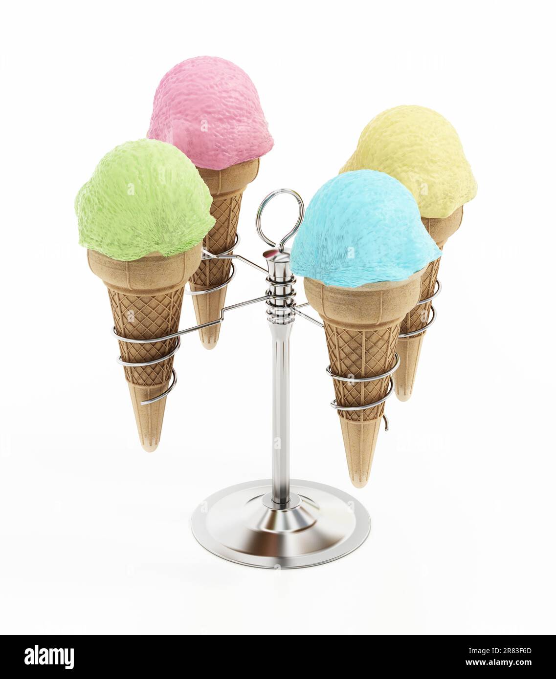 Group of ice cream cones on chrome ice cream holder. 3D illustration ...