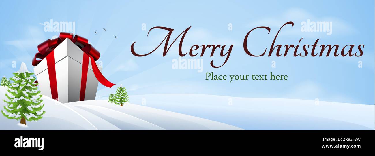 Illustration of a giant Christmas gift in winter landscape, banner ...