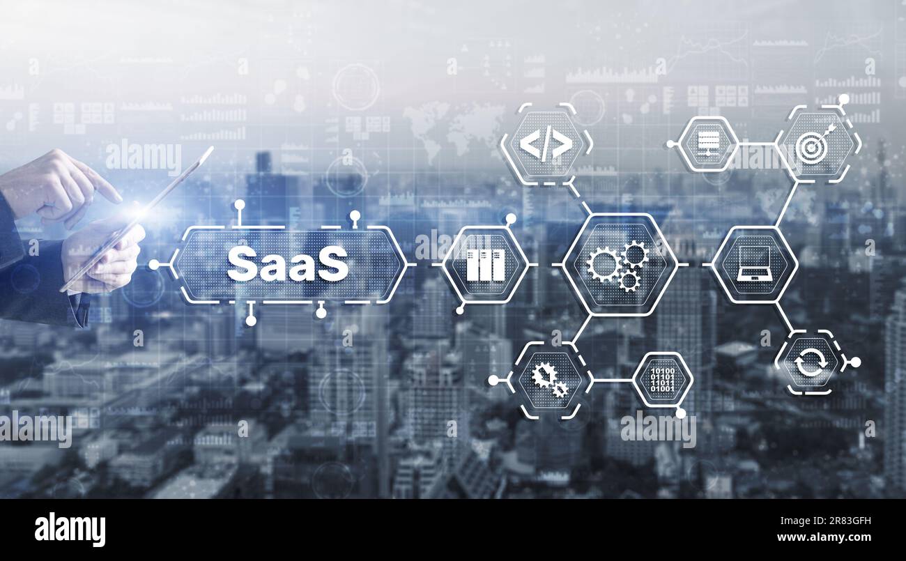 SaaS Software as a Service concept with man hand pressing text Stock Photo - Alamy