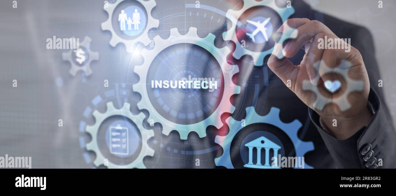 Technology icons and INSURTECH inscription, web technology concept 2023 ...