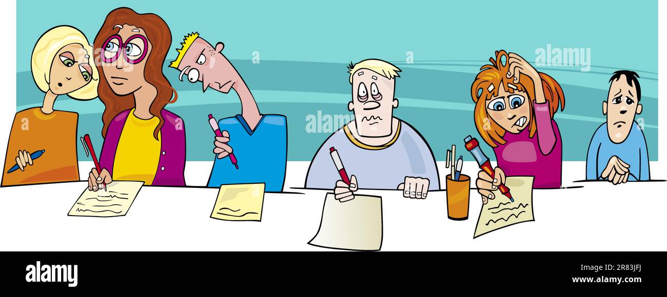 Cartoon Illustration of Pupils writing Difficult Test or Exam Stock ...