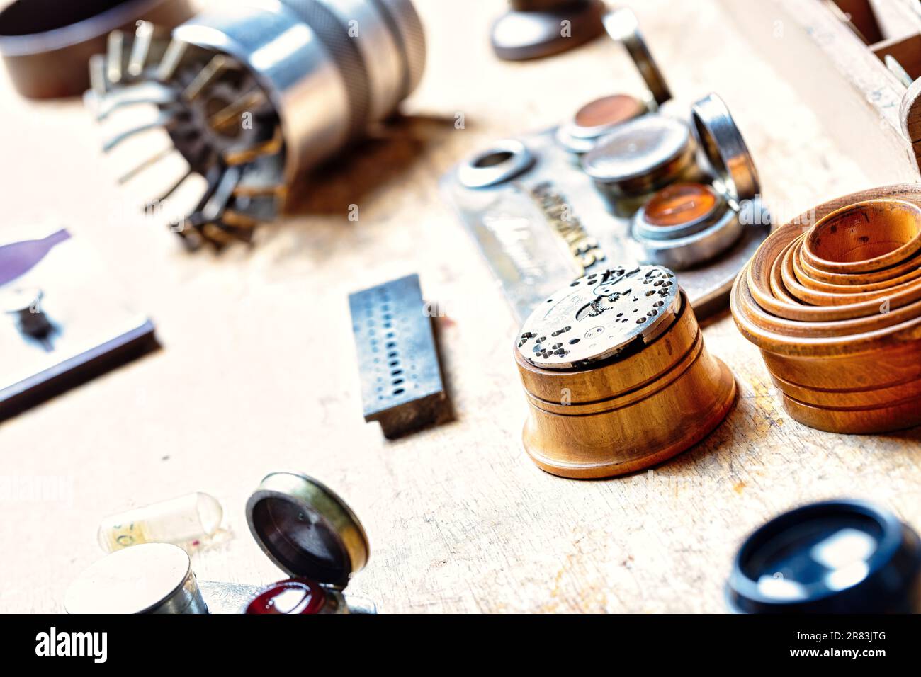 Detailed focus on wrist and pocket watches, gears, springs on a ...