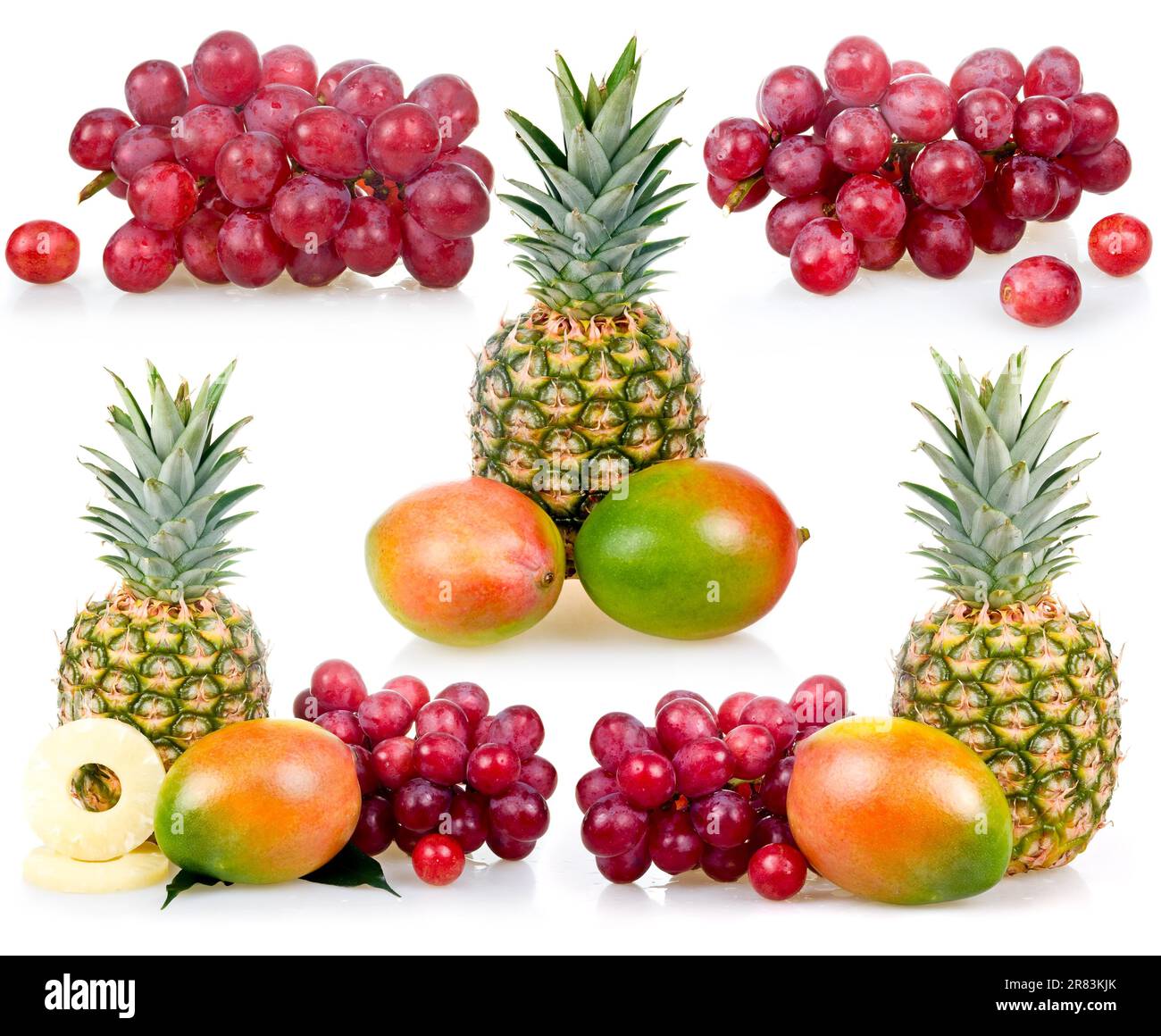 Set of Pineapple, mango and grapes isolated on white background (still ...
