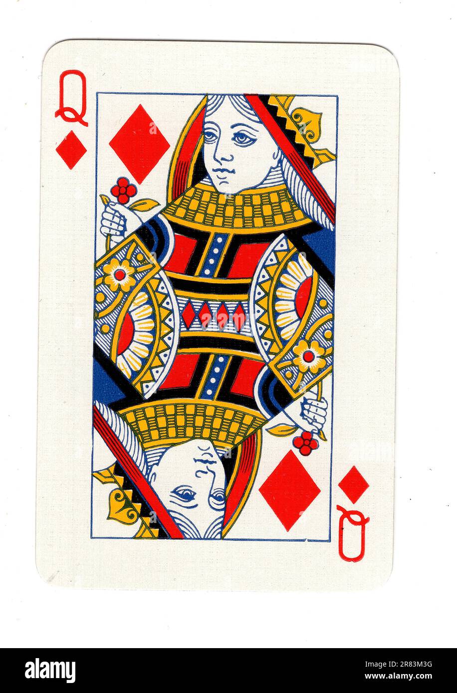 A queen of diamonds vintage playing card on a white background Stock ...
