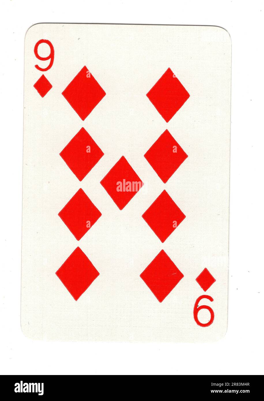 A nine of diamonds vintage playing card on a white background Stock ...
