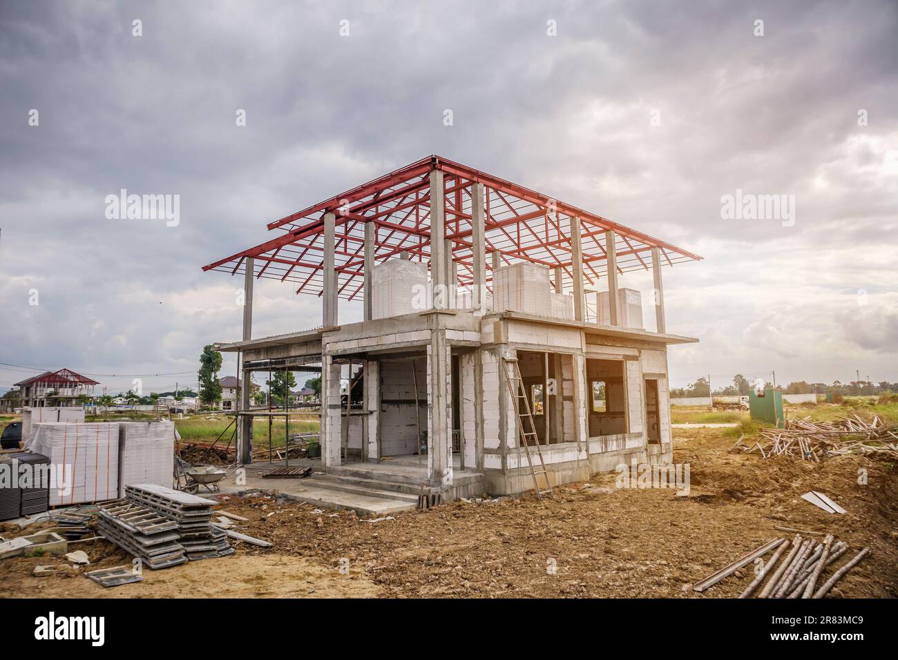 construction residential new house in progress at building site Stock ...