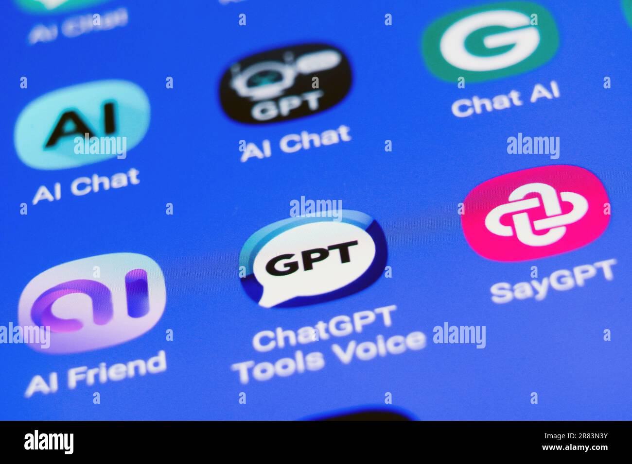 The logos of various ChatGPT artificial intelligence (AI) apps on german a smartphone screen ...