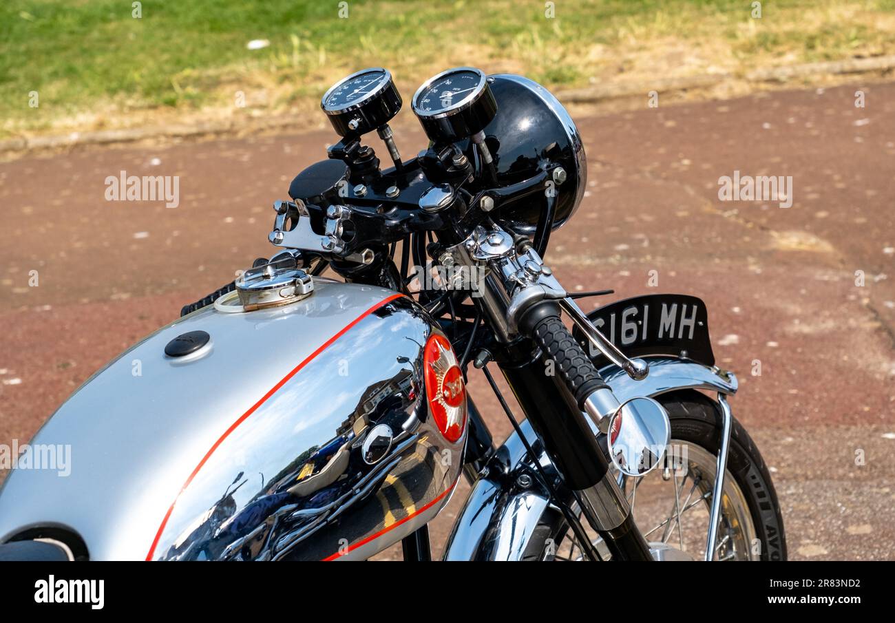 Close up of a classic and vintage BSA cafe racer motorcycle parked up ...