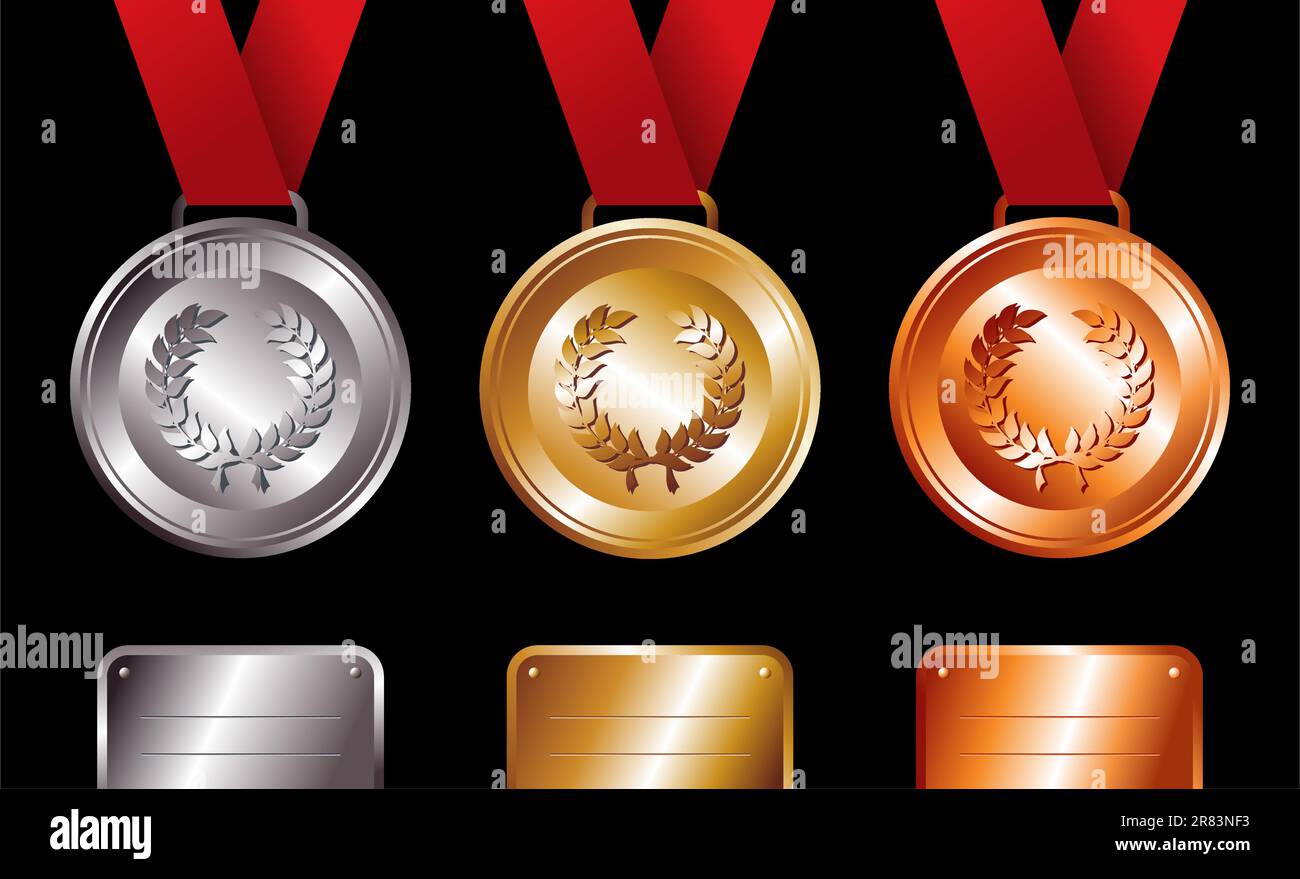 Sport winning positions: Gold, silver and bronze medals with ribbon set ...