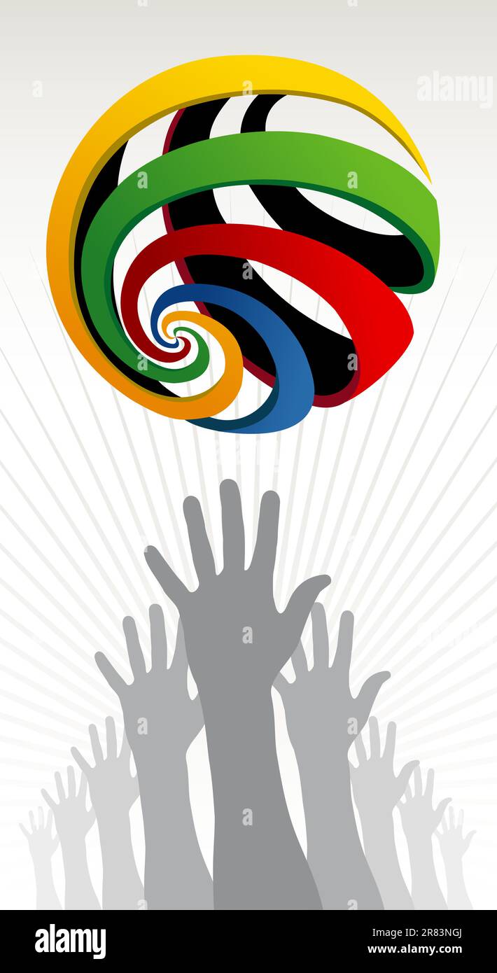 Hands silhouettes trying to reach a colorfull Olympic globe over white ...