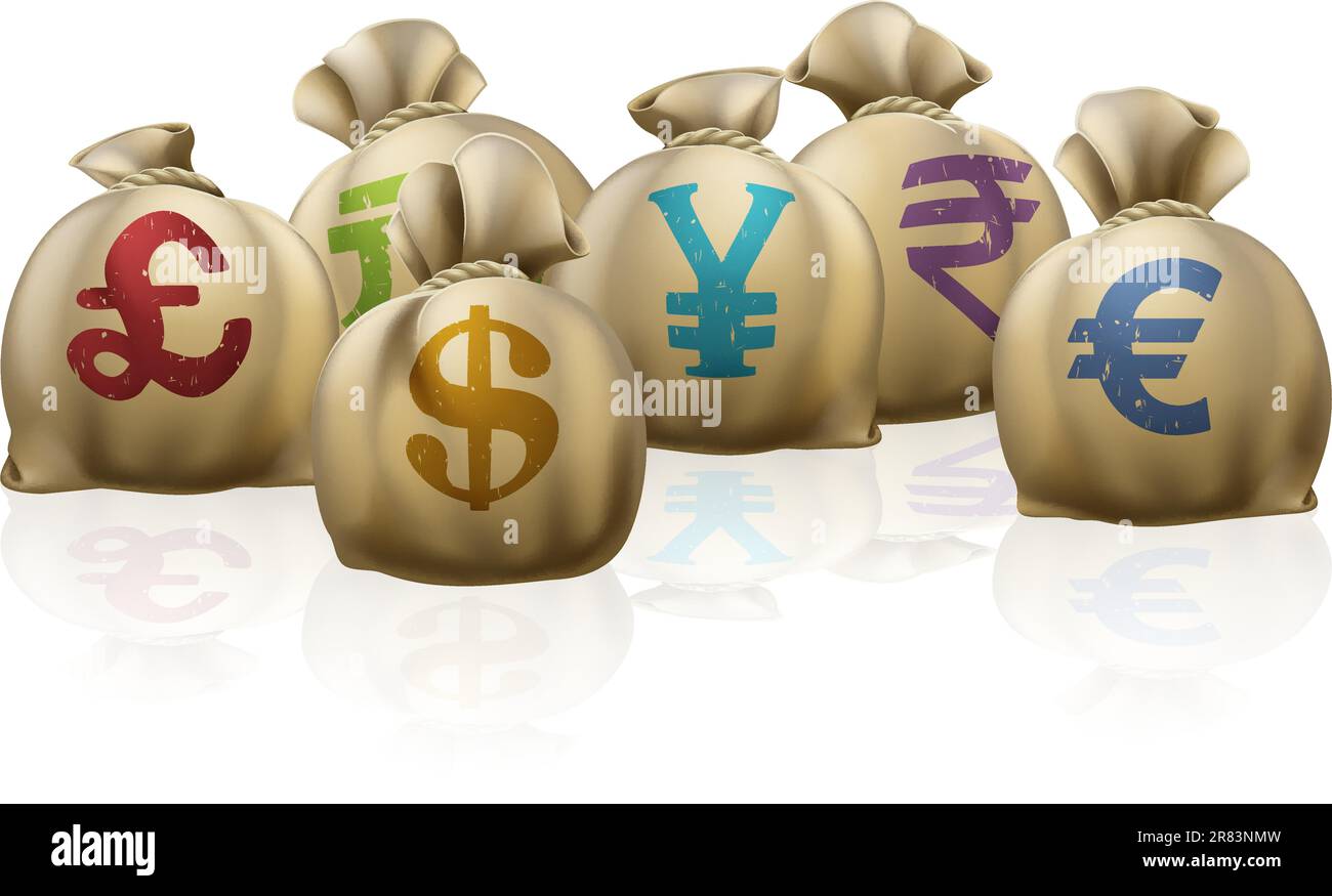 Illustrations of lots of money sacks with currency symbols on them ...