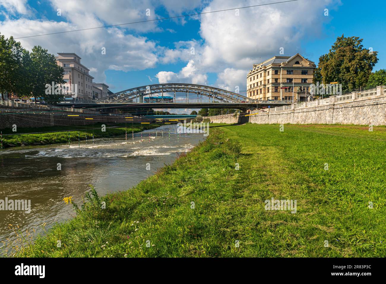 Ostravice river with Most Milose Sykory bridge above in Ostrava city in ...