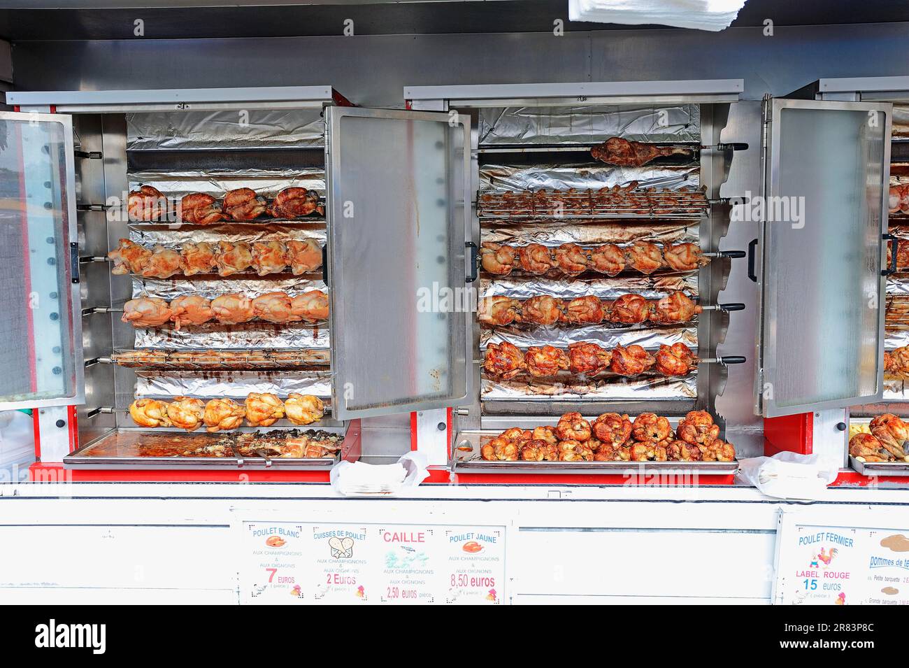 Market stall with roast chicken, Bedoin, Vaucluse, Provence-Alpes-Cote ...