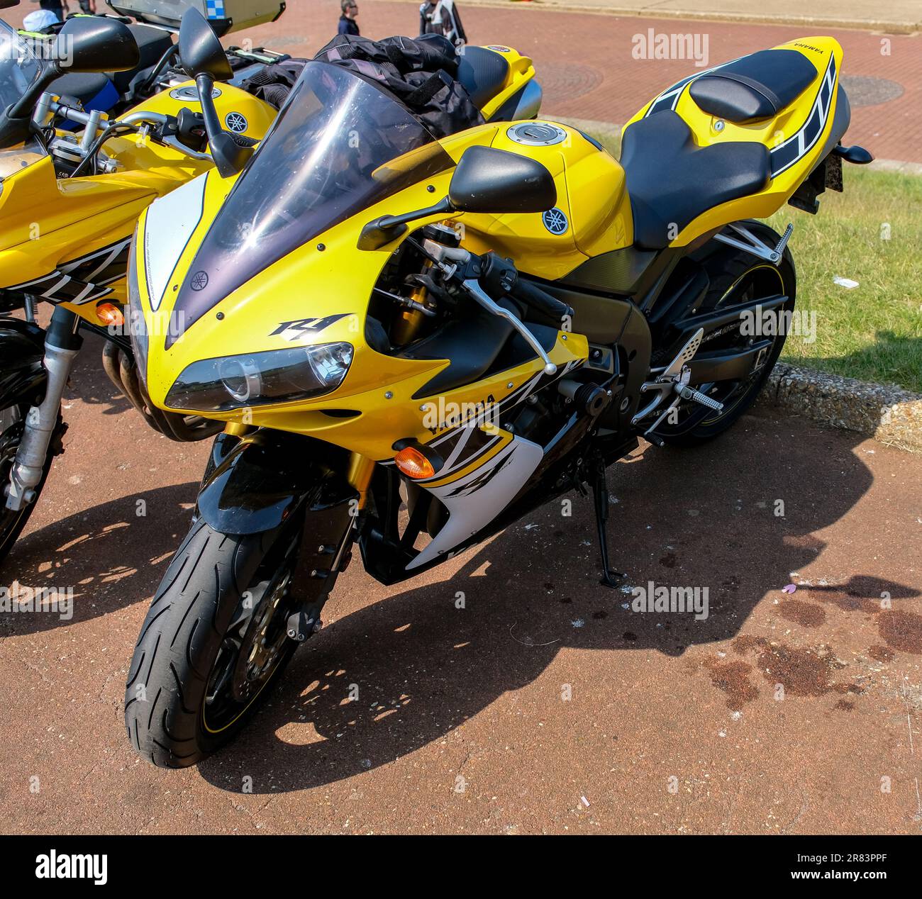 An early Yamaha R1 race replica motorcycle parked on Hunstanton ...