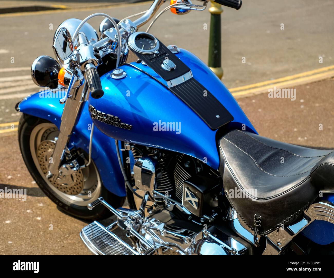 Close up of a custom Harley Davidson motorcycle parked on Hunstanton ...