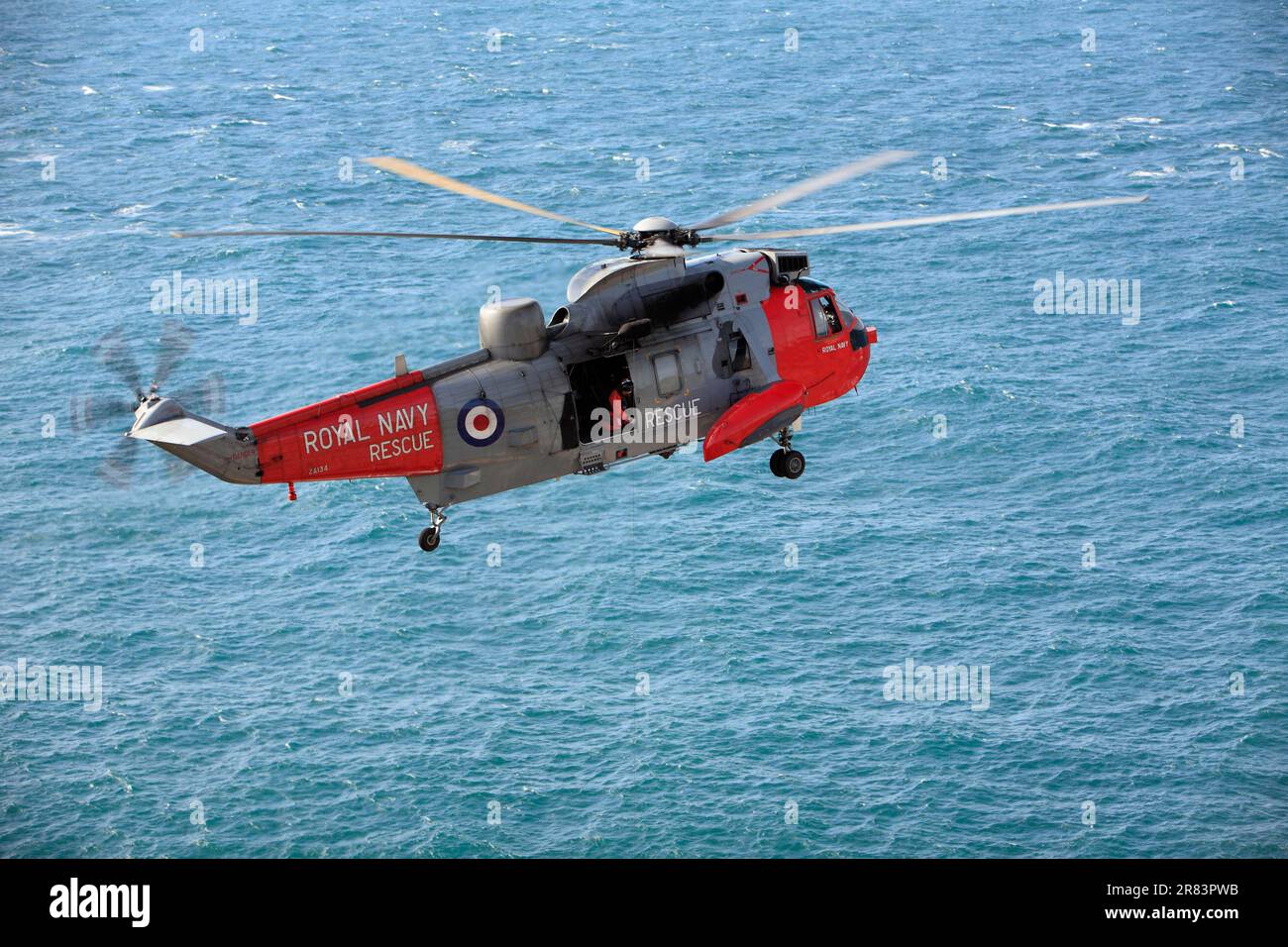 Royal Air Force, rescue helicopter in action above the sea, Cornwall ...
