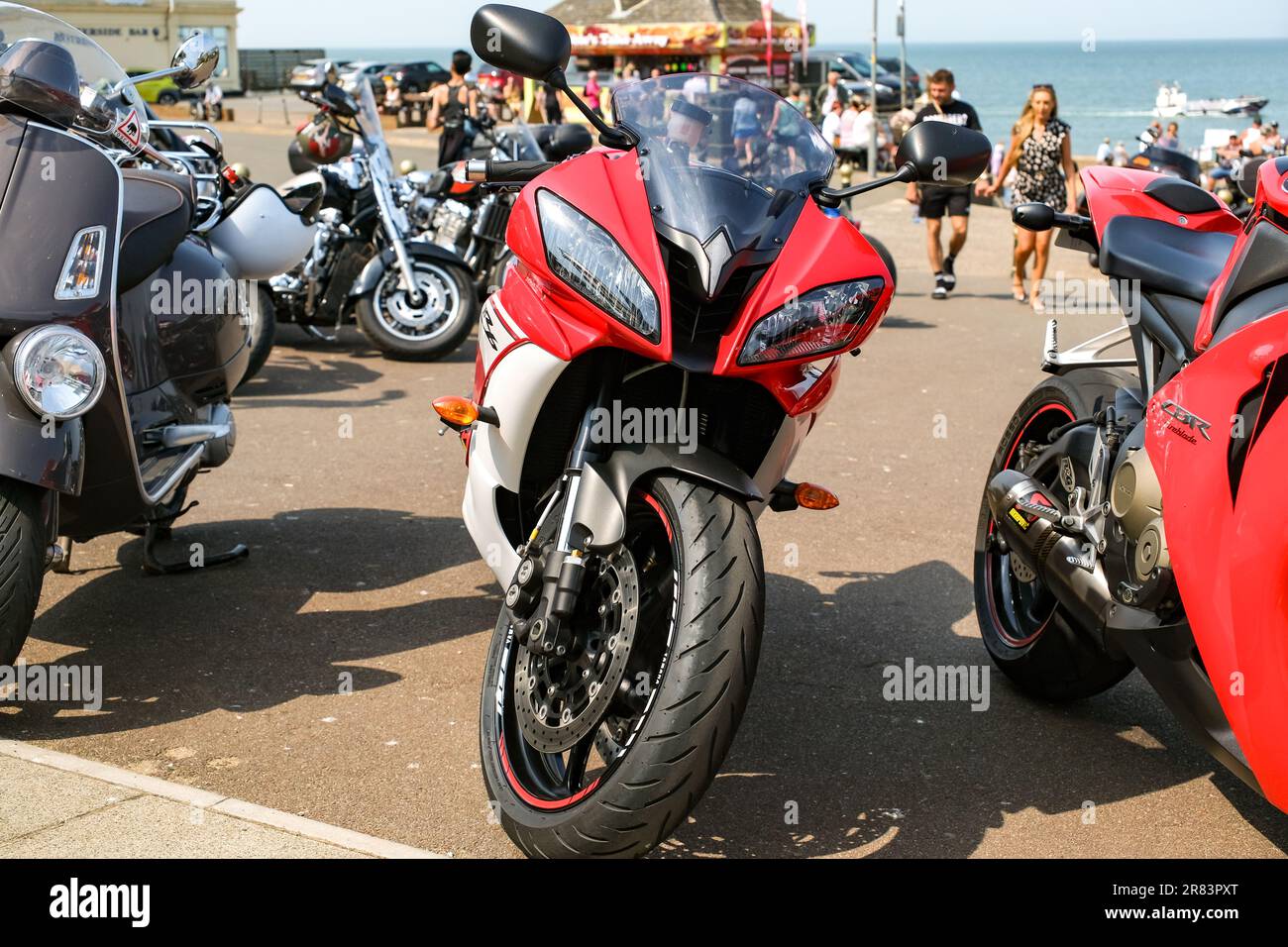 Motorcycles parked on Hunstanton seafront on a sunny Sunday afternoon ...