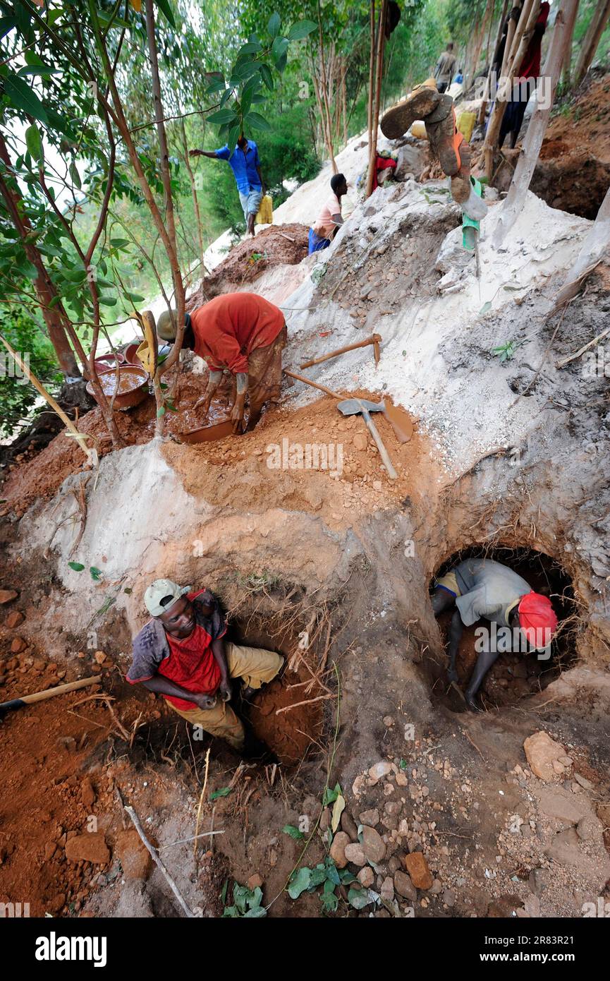 Miners in tantalite columbite mine, open pit, Muhanga Coltan Mines ...