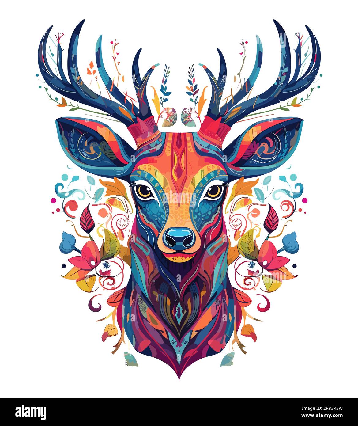 Majestic fairy tale colorful deer head with decorative flowers, vector ...