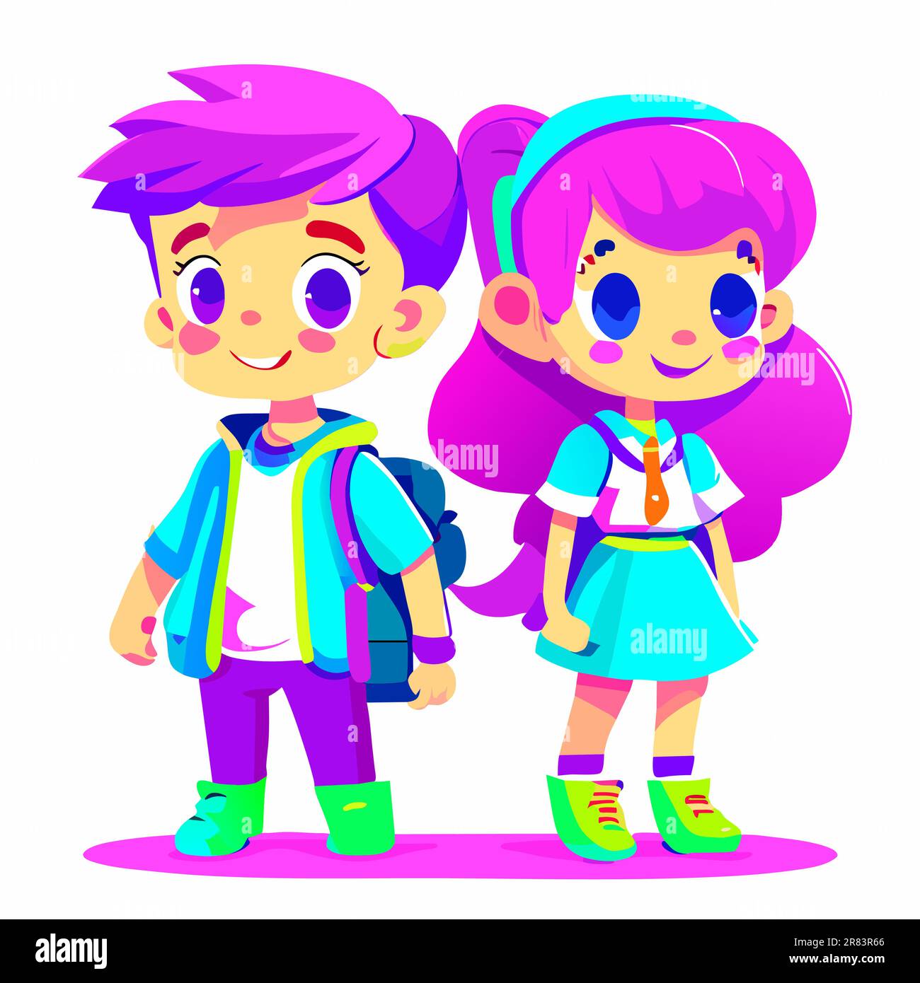 Back to school. Boy and girl go to school with backpacks. The beginning ...