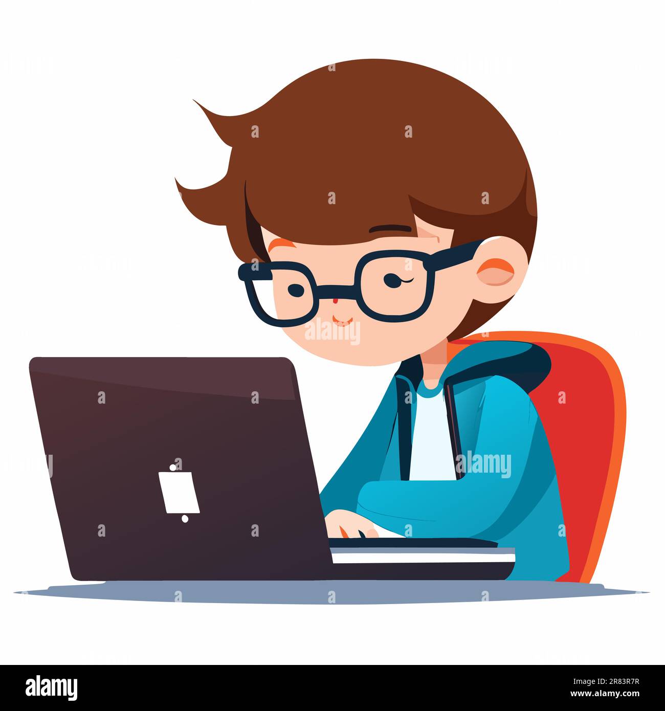 Cute little boy character using laptop while sitting on the floor ...