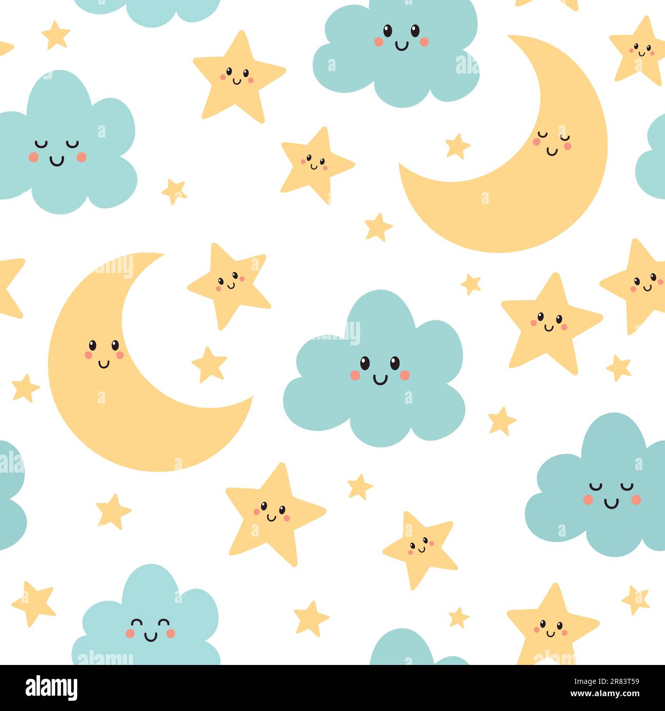 Seamless pattern with cute moon, clouds and stars. Sleeping moon, baby ...