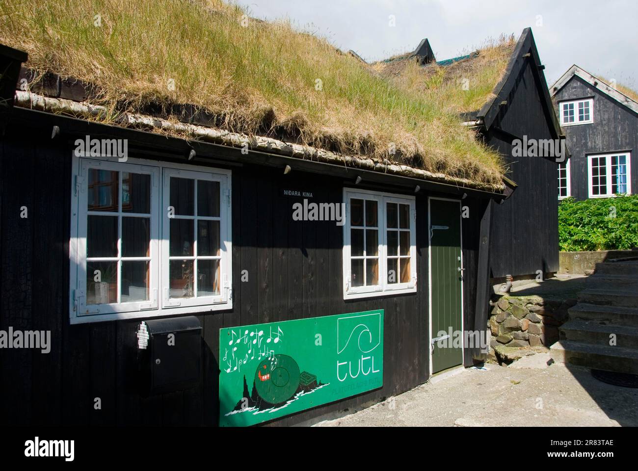 Grass sod house, Torshavn, green roof, old town on Tinganes peninsula ...