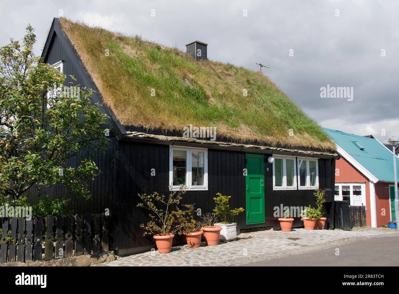 Grass sod house, Torshavn, green roof, old town on Tinganes peninsula ...