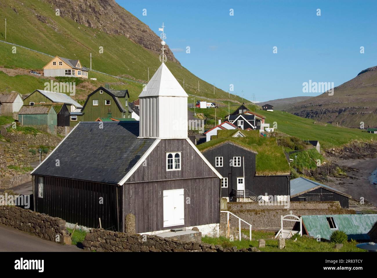 Wooden church, built 1865, Bour, Vagar Island, Faroe Islands, Denmark ...