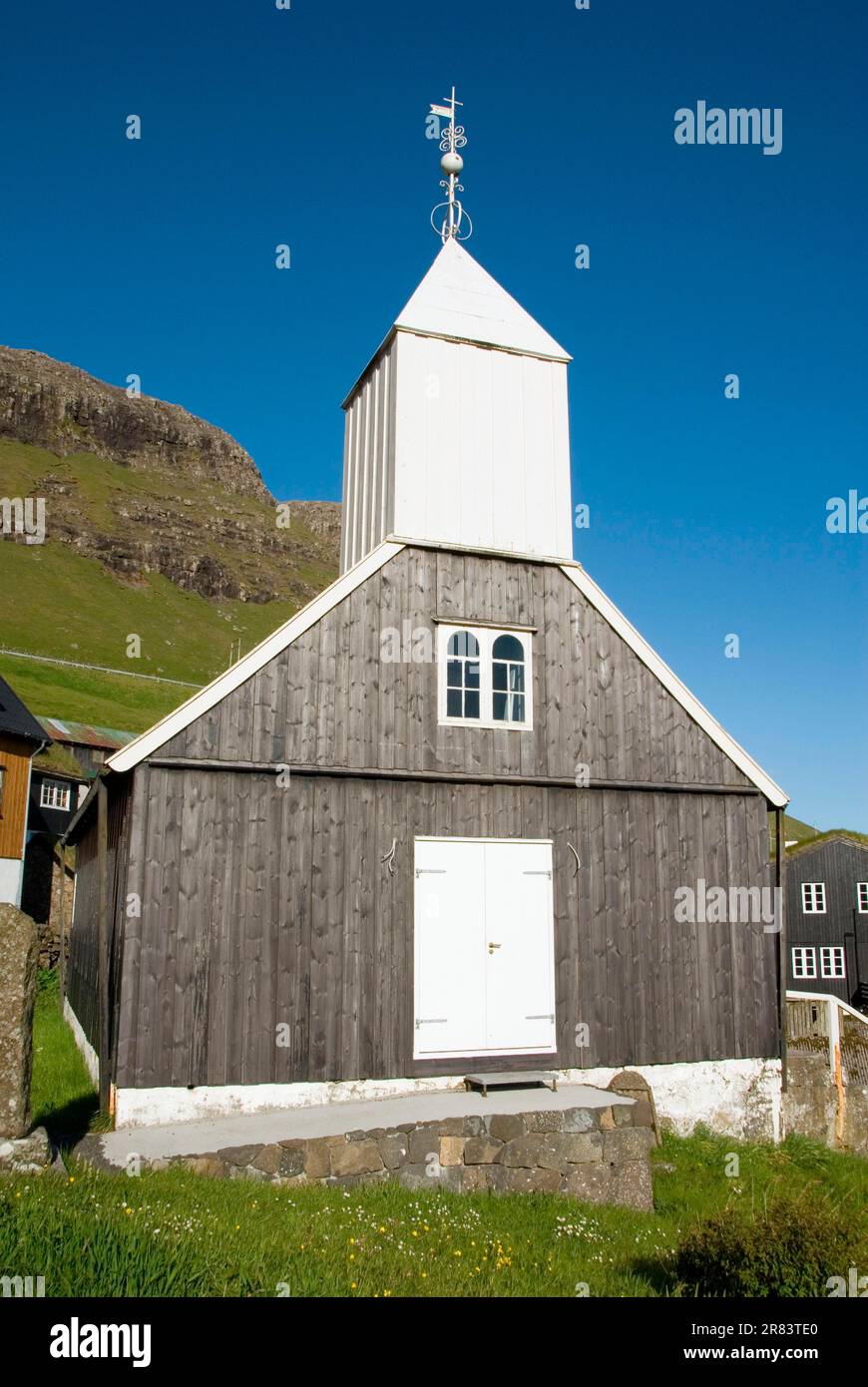 Wooden church, built 1865, Bour, Vagar Island, Faroe Islands, Denmark ...