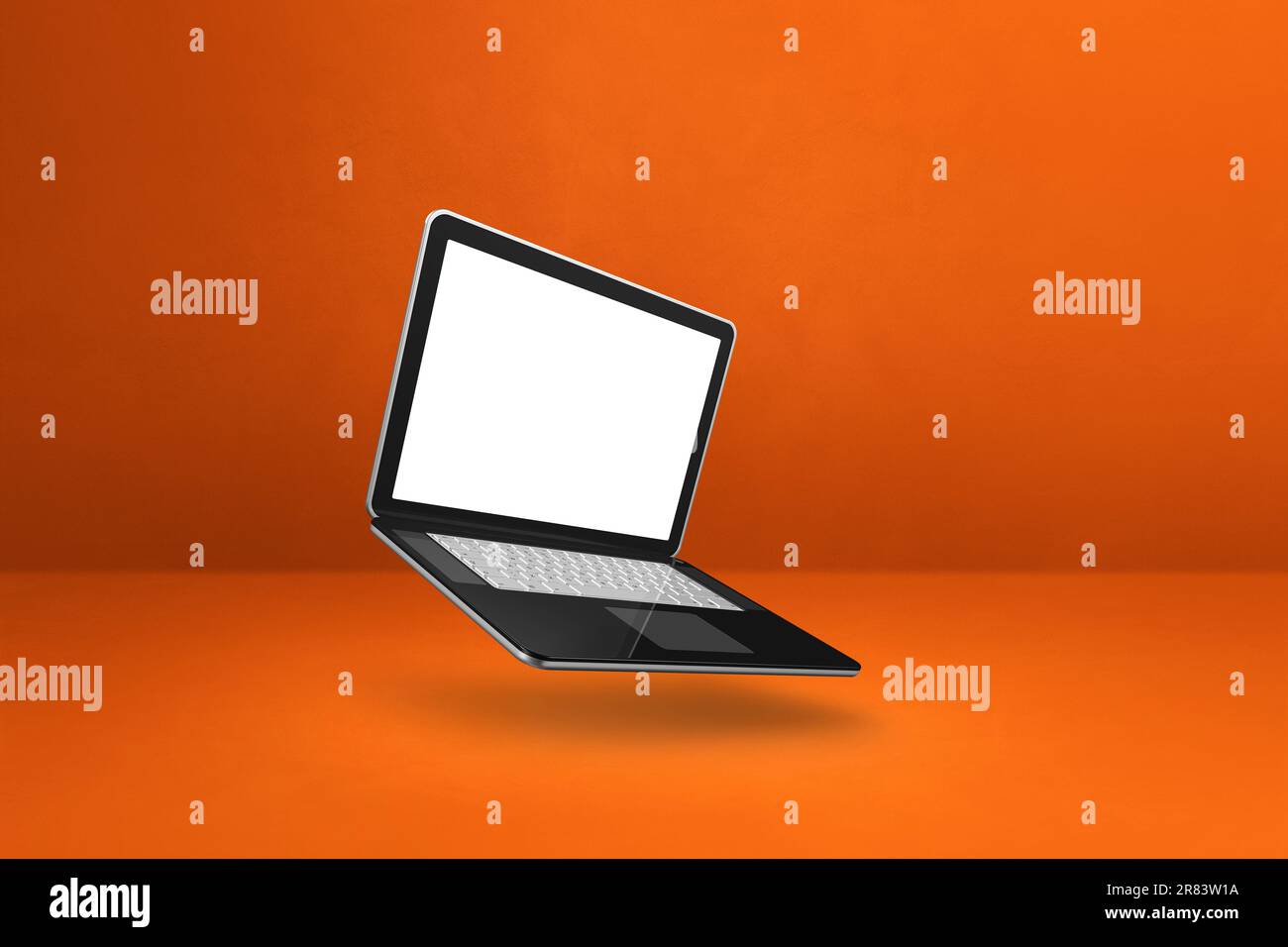 Blank computer laptop floating over an orange background. 3D isolated ...