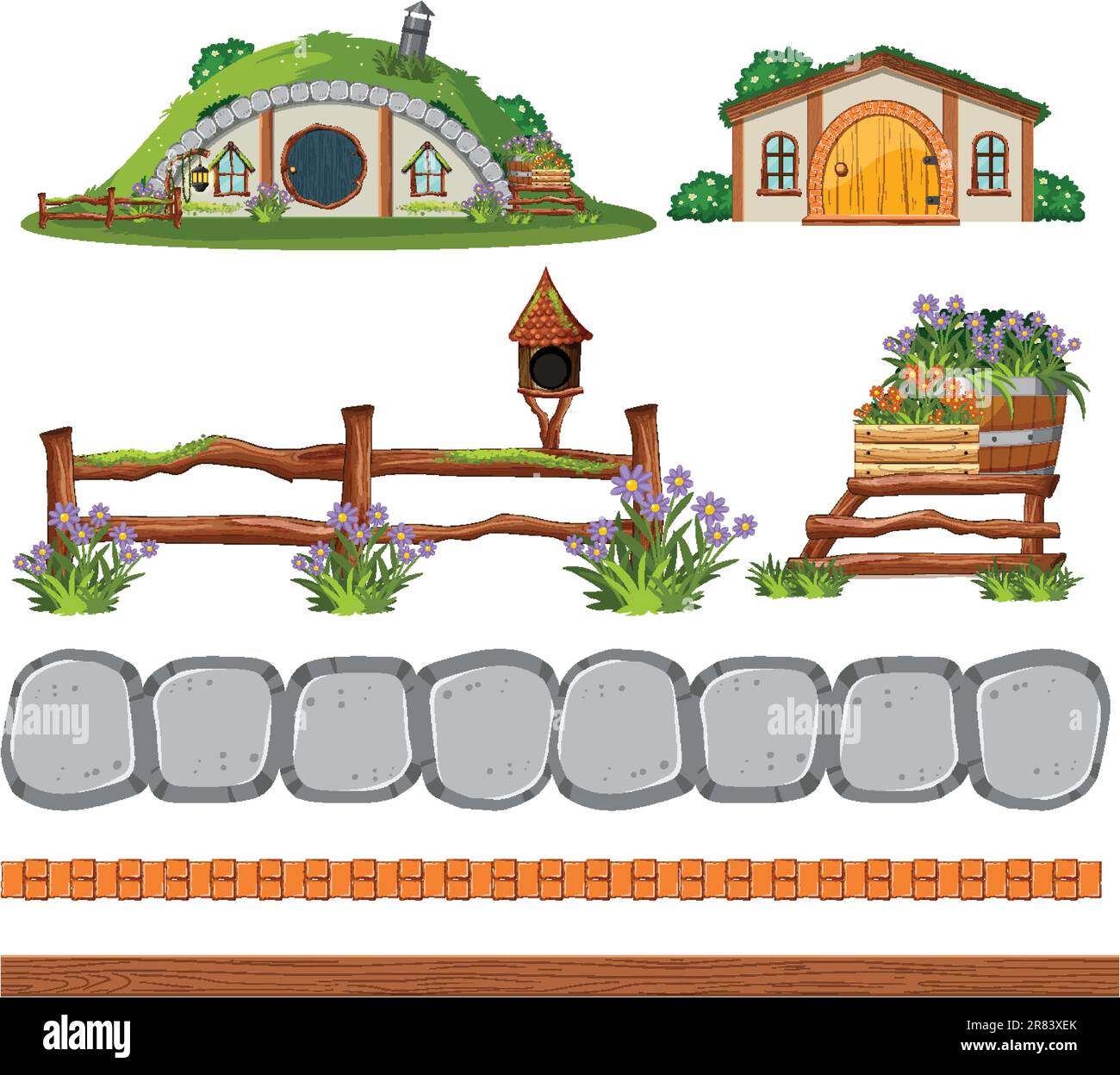 Set of hobbit house with seperate door and window illustration Stock ...