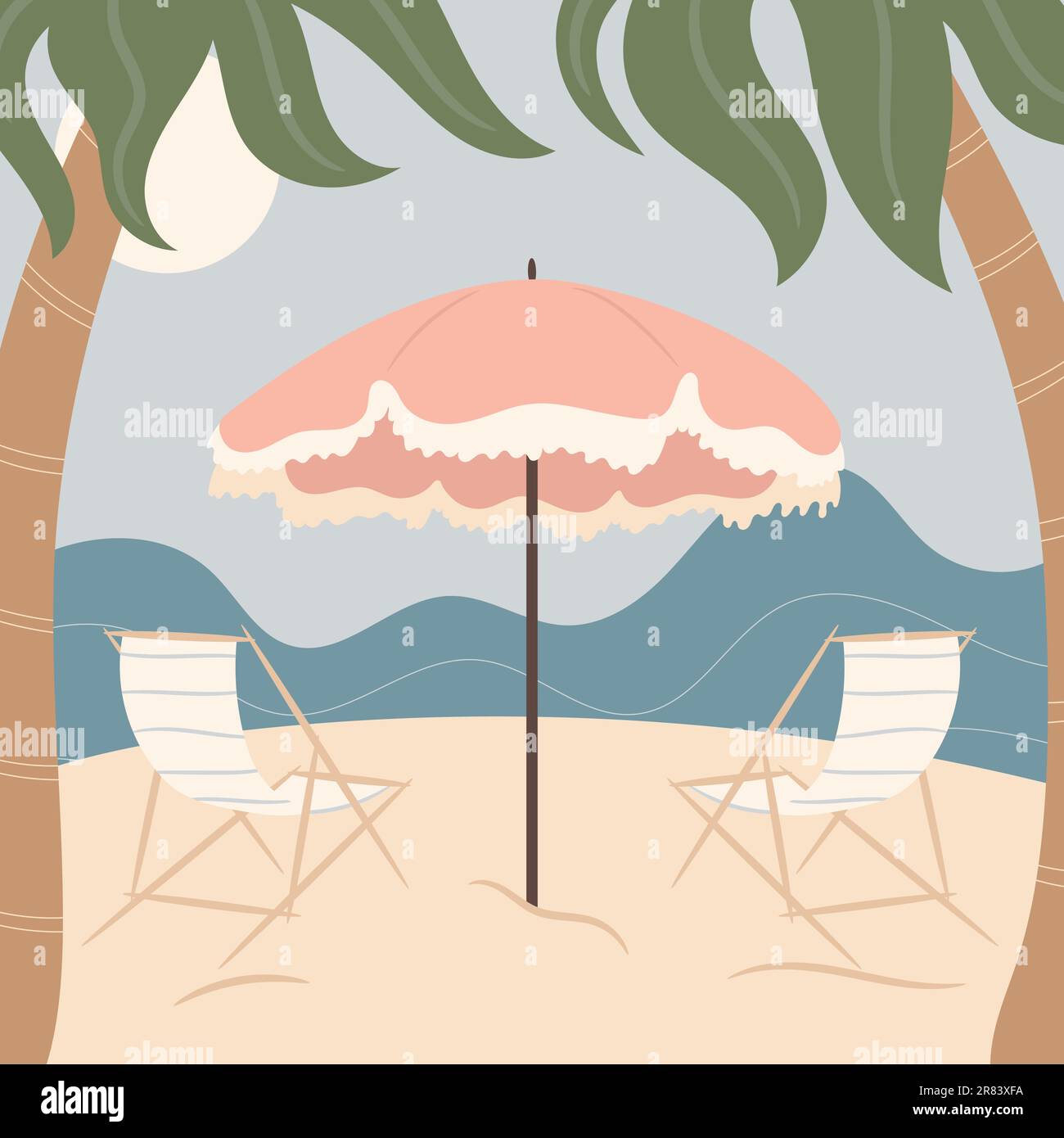 Summer beach days. Sun beds and umbrella on the beach. Vector ...