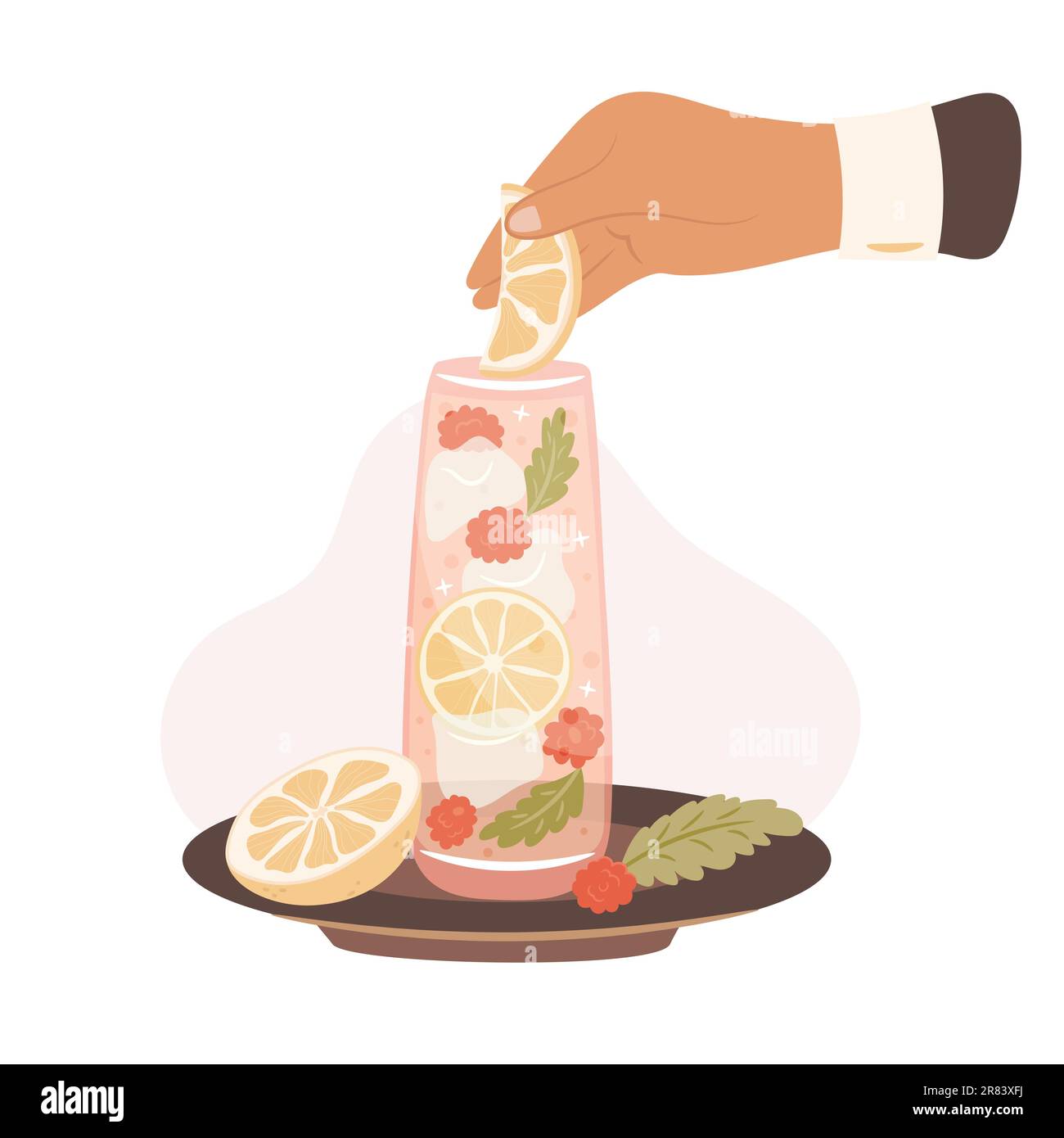 Hand adding lemon to the glass of fresh ice lemonade. Vector illustration Stock Vector Image ...