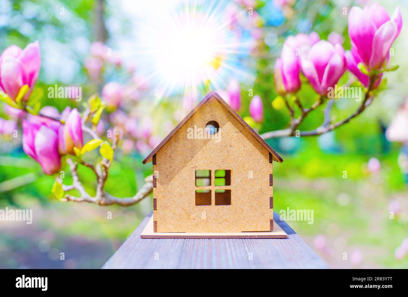 Miniature wooden house model placed in front of a blooming pink ...