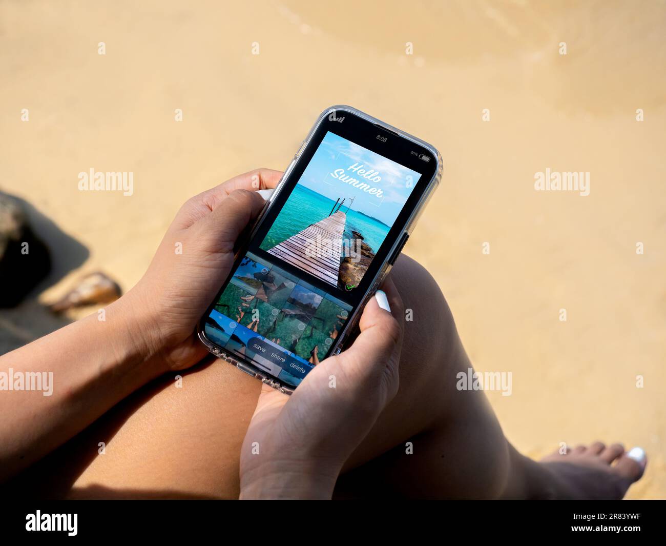 Photo edit with mobile smart phone concept. Seascape view photography editing on app on ...