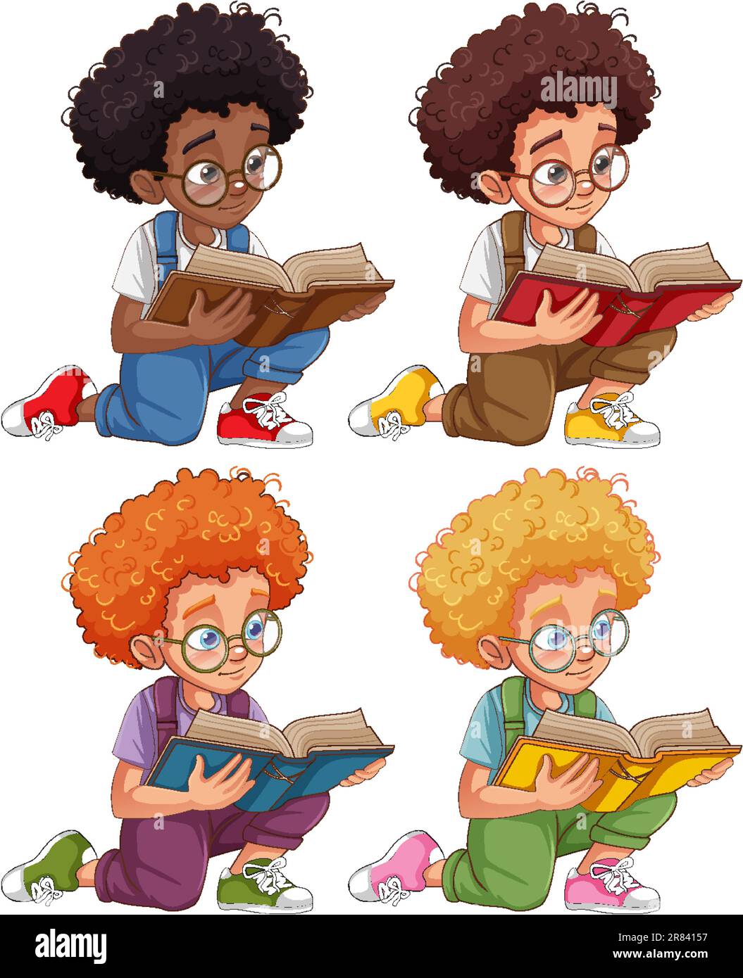 Set of boy with curly hair in different skin colour reading a book ...