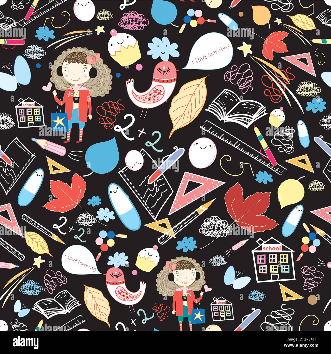 seamless pattern of different school subjects and birds on a black ...