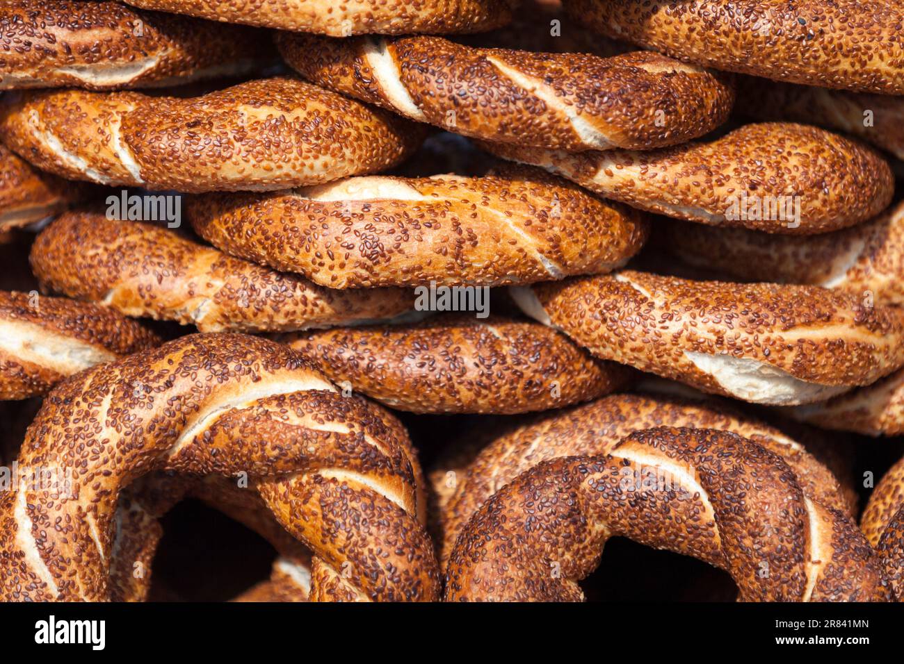 Close-up on a stack of Simits (Turkish Sesame Bread Rings) on a market ...