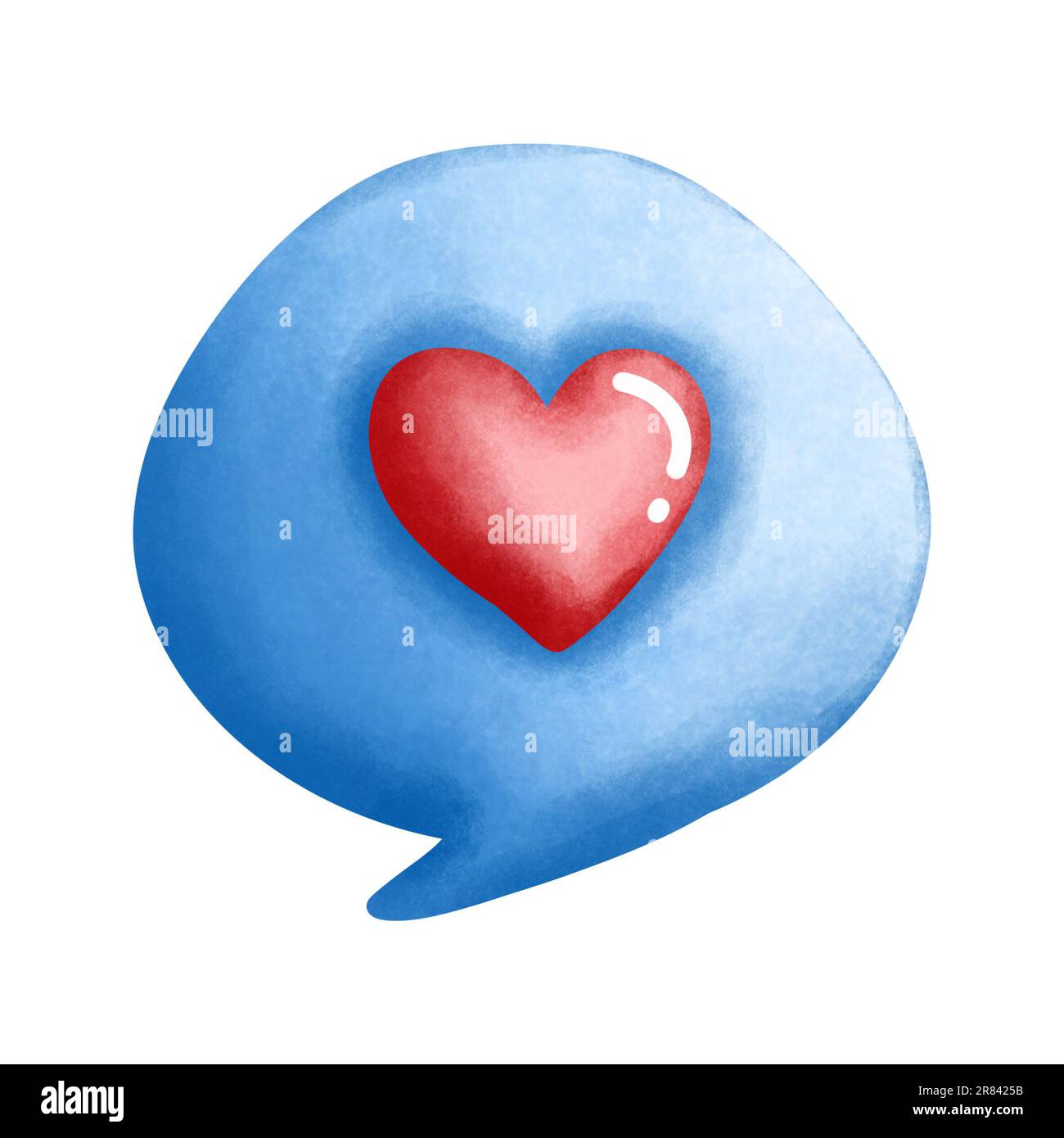 Watercolor cute red heart in blue round bright speech bubble shape ...