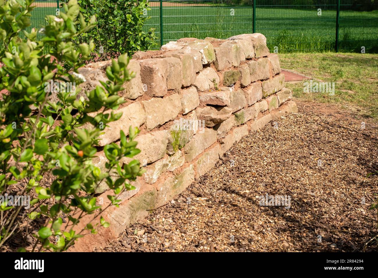 self-built wall made of natural sandstone as a biotope for insects ...
