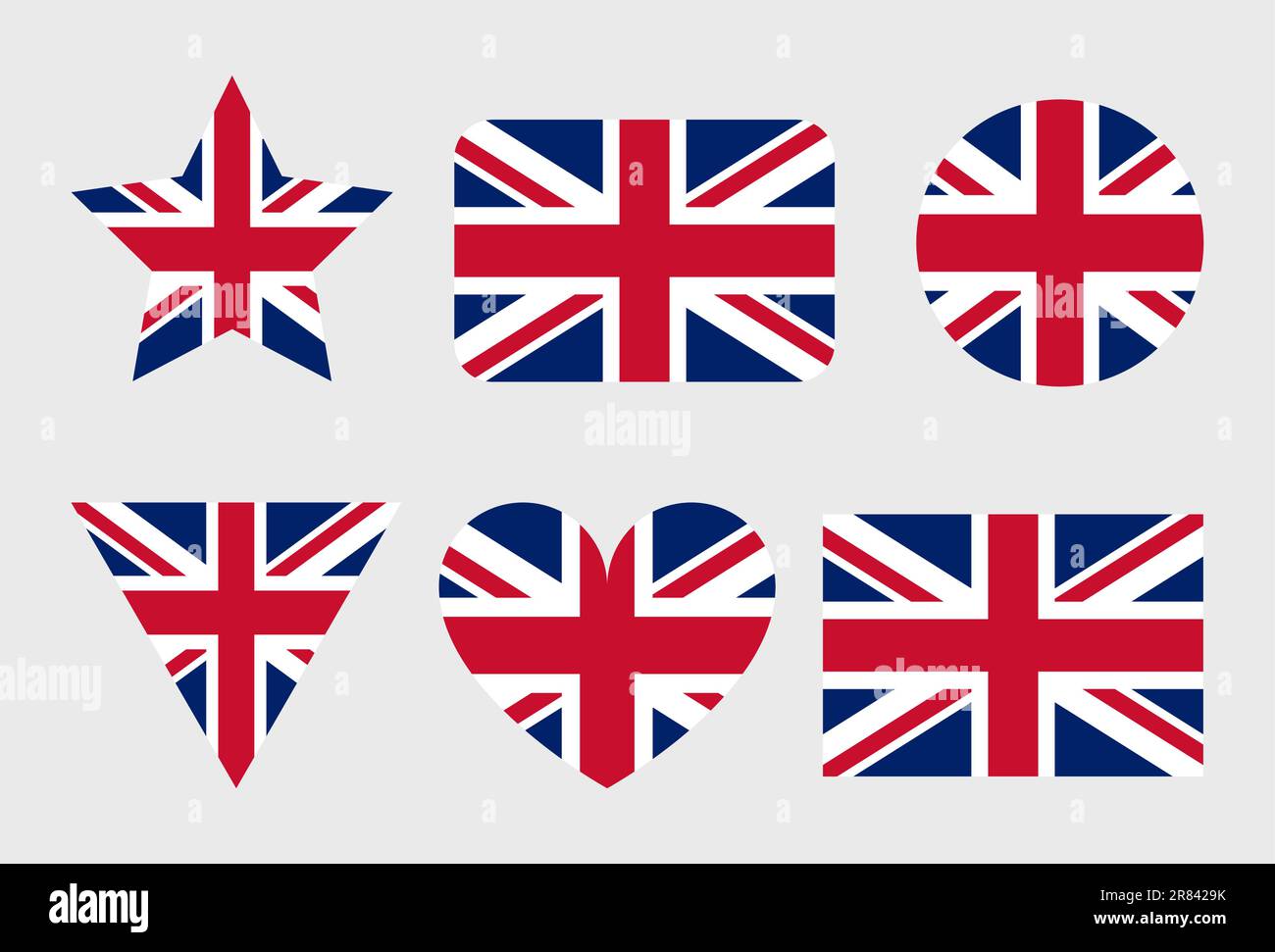 UK flag vector icons set in the shape of heart, star, circle and map ...