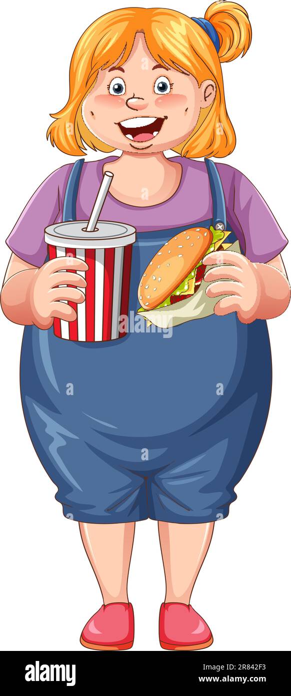 Overweight Woman Holding Fast Food Cartoon Character illustration Stock ...