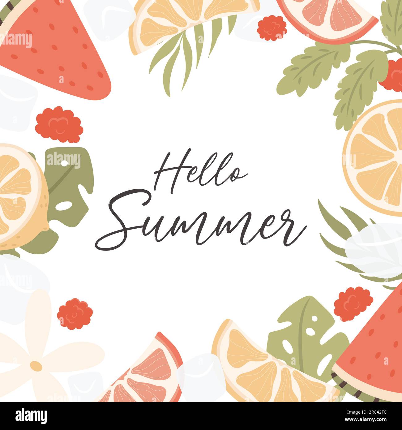 Hello Summer concept card background with citrus fruits. Vector ...