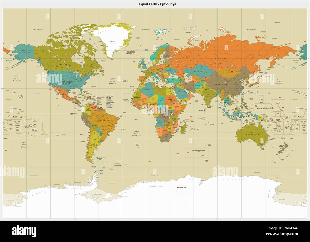Detailed political world map Turkish language Miller projection Stock ...