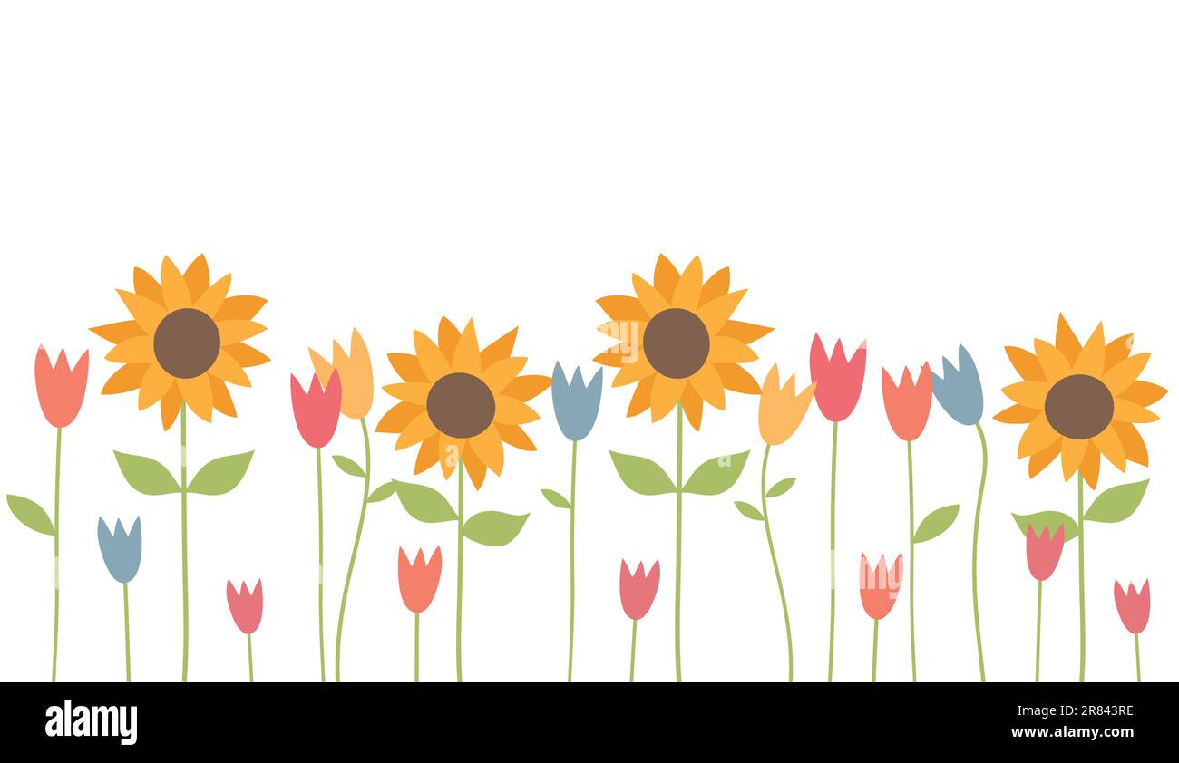 Spring background with flowers. Floral garden with sunflowers and ...