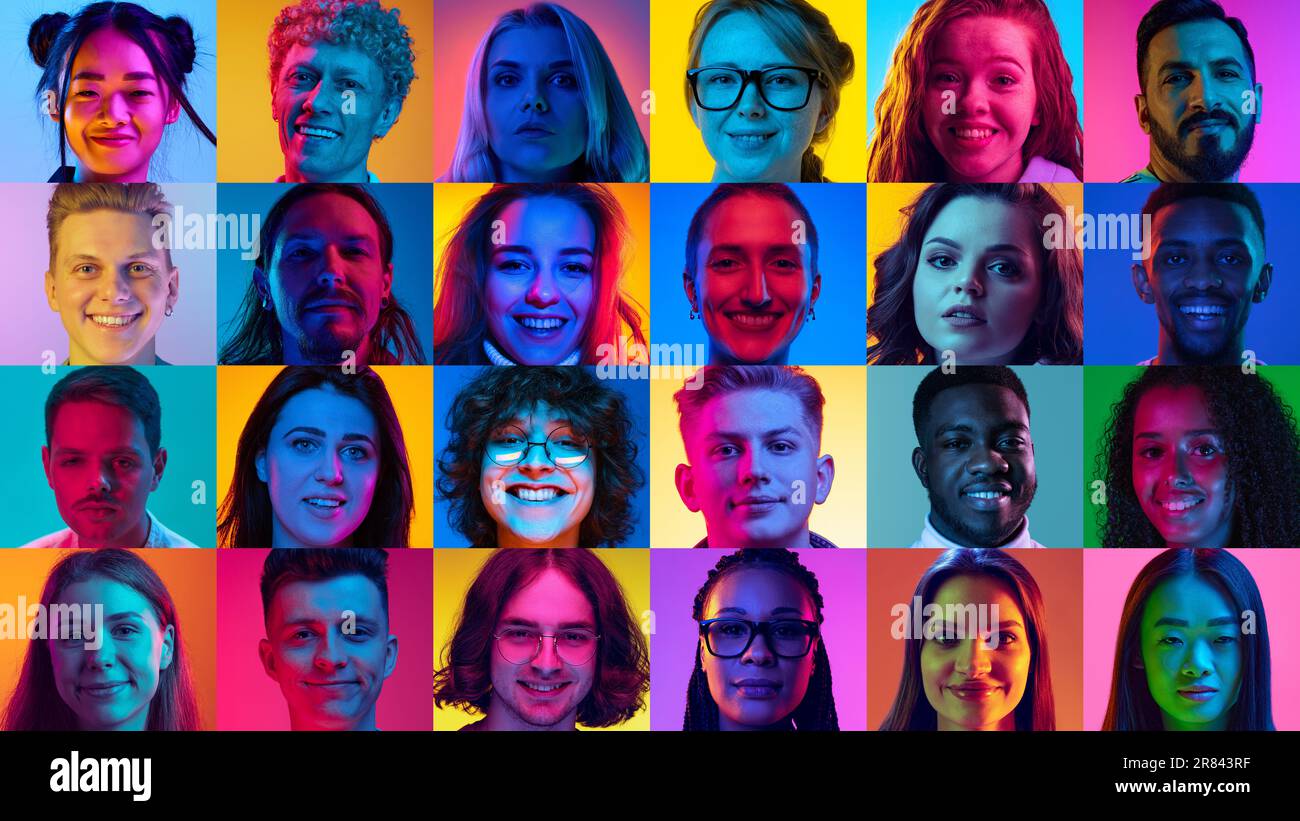 Collage. Portraits of different people of diverse age, gender and ...